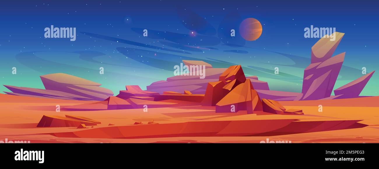 Desert landscape of Mars surface at night. Alien planet nature scene ...