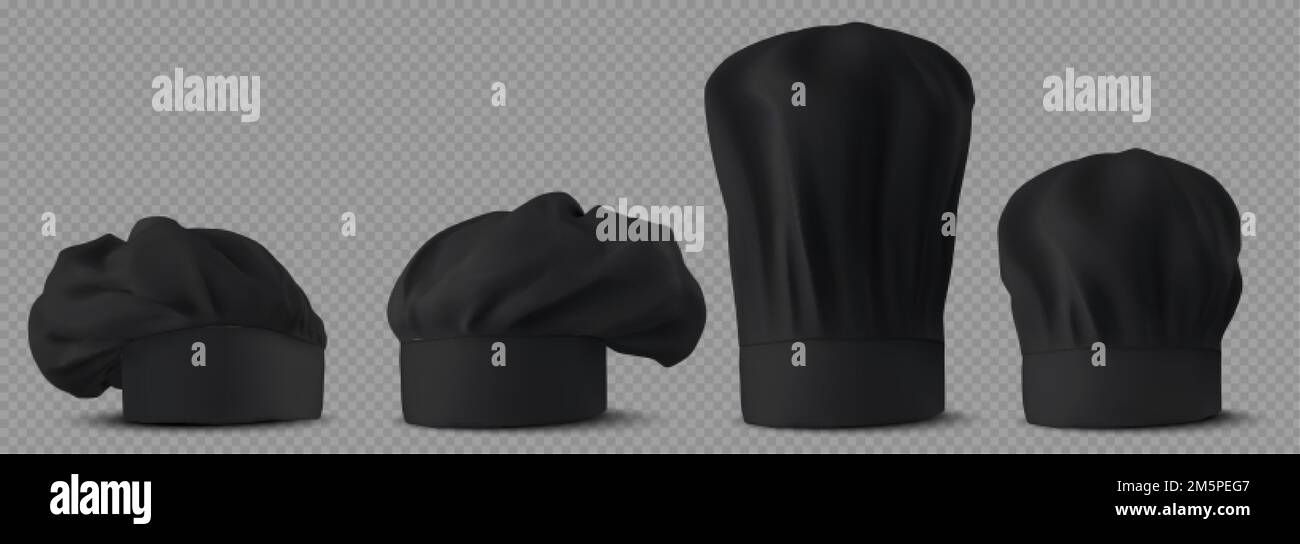 Black chef hats, cooker uniform in restaurant or cafe kitchen. Mockup ...