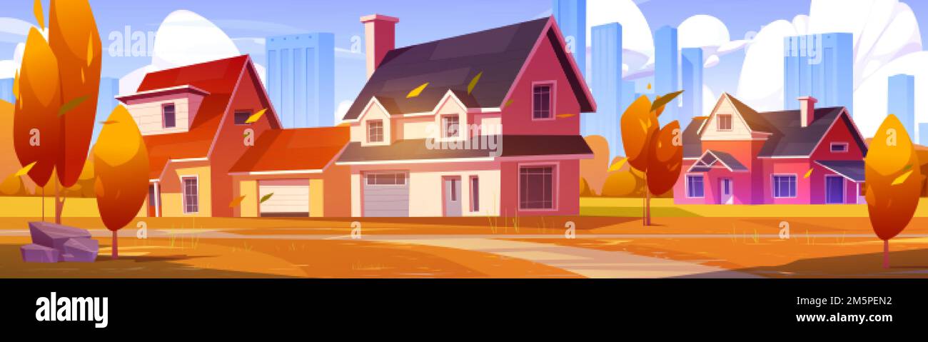 Suburb houses at autumn landscape with city view. Suburban residential ...