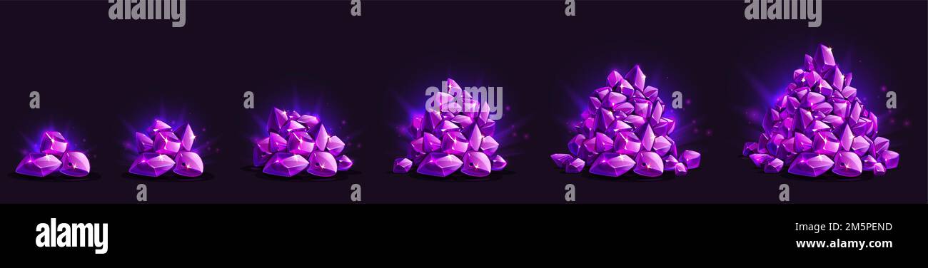 Set of amethist gemstone piles of different size isolated on dark ...