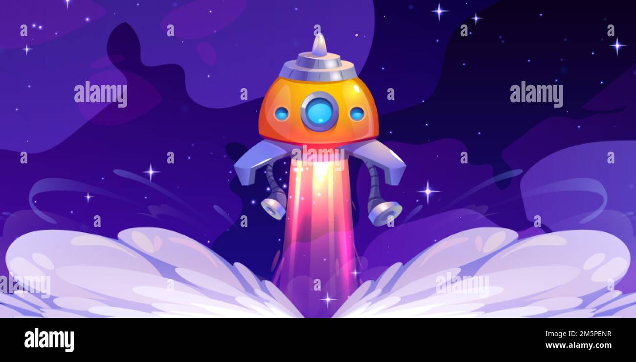 Cartoon spacecraft launch into outer space. Vector illustration of ...