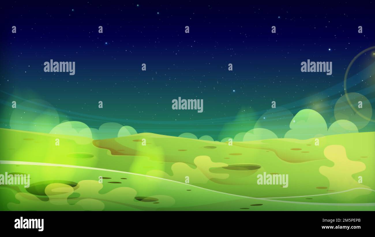 Green alien planet surface with craters and toxic smoke. Cartoon vector ...