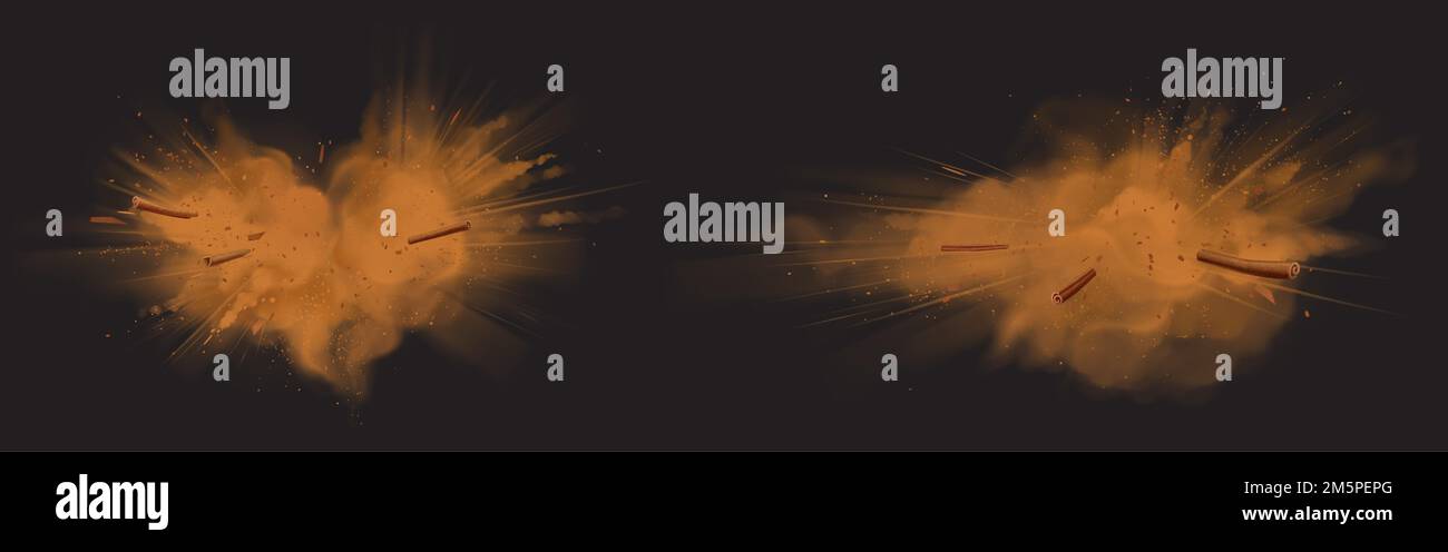 Clouds of cinnamon bark powder and strips scattered in air. Realistic ...