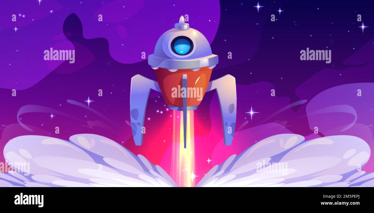 Rocket launch. Futuristic spaceship flying up from planet with smoke ...