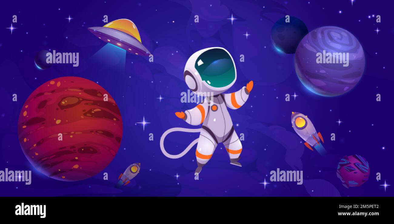 Cartoon astronaut in outer space. Vector illustration of cosmonaut ...