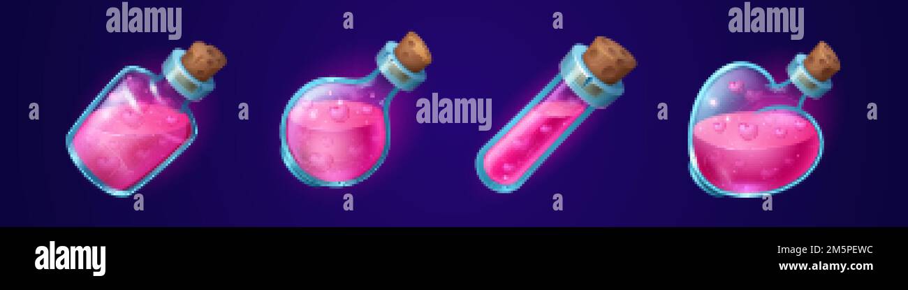 Love potion bottles set isolated on dark background. Cartoon vector ...