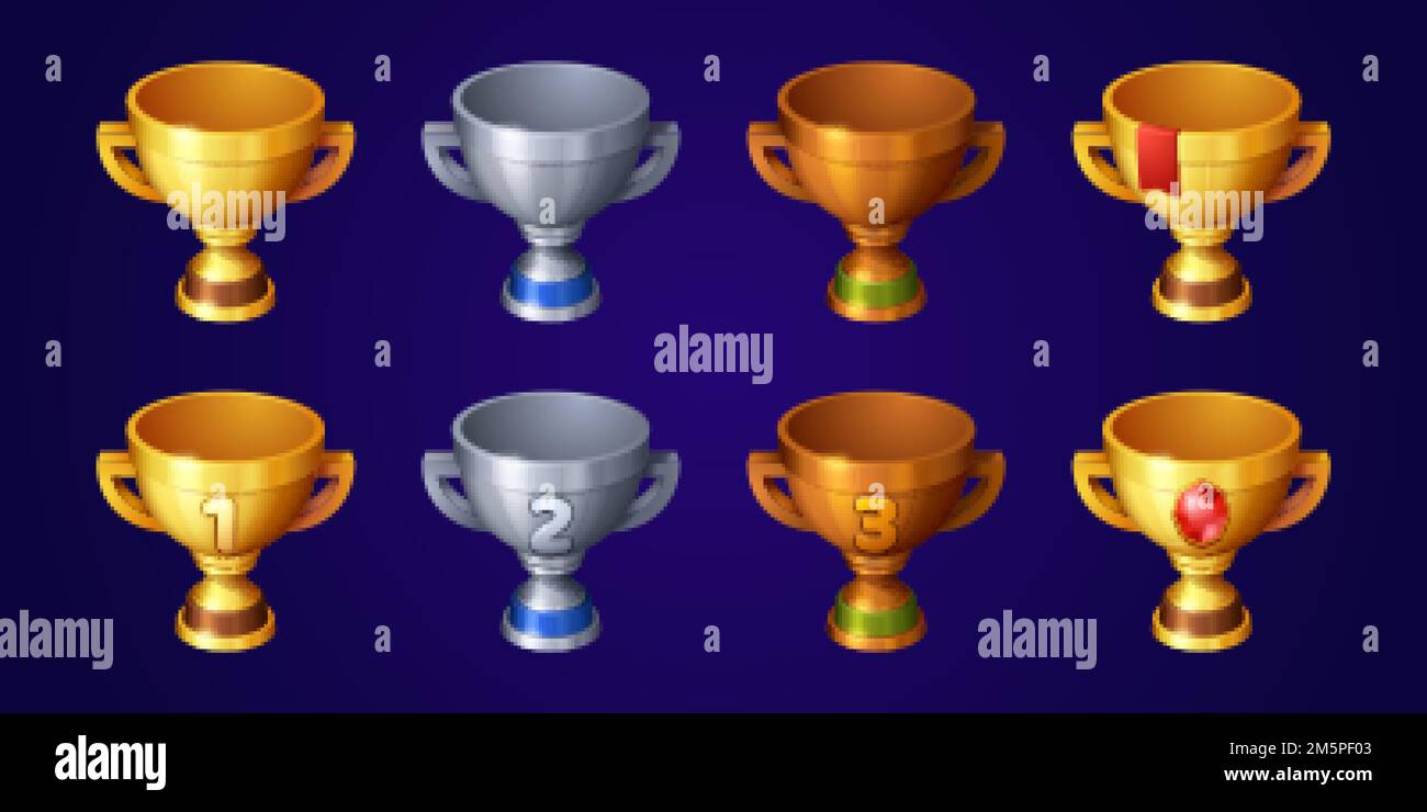 Collection of winner cups made of gold, silver and bronze metal ...