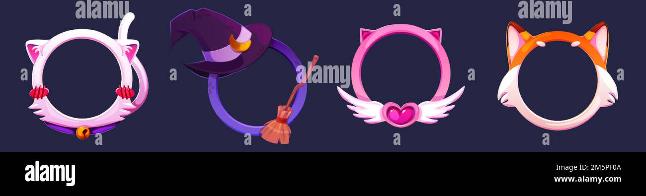 Circle game avatar frames with cats and fox ears, witch hat and broom ...