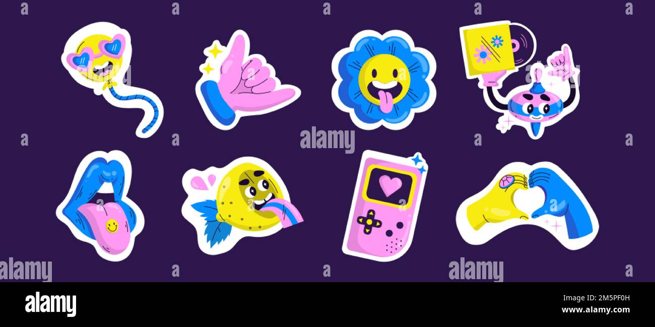 Cute retro style stickers set isolated on background. Contemporary ...