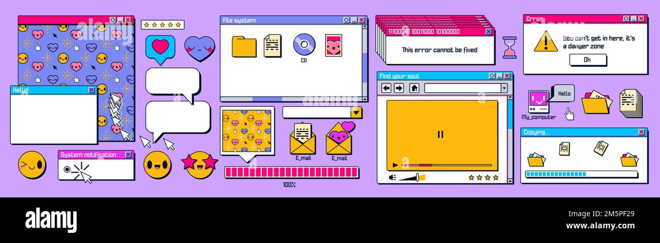 Retro computer screen interface with windows, icons, message frames ... Retro computer screen interface with windows, icons, message frames ...