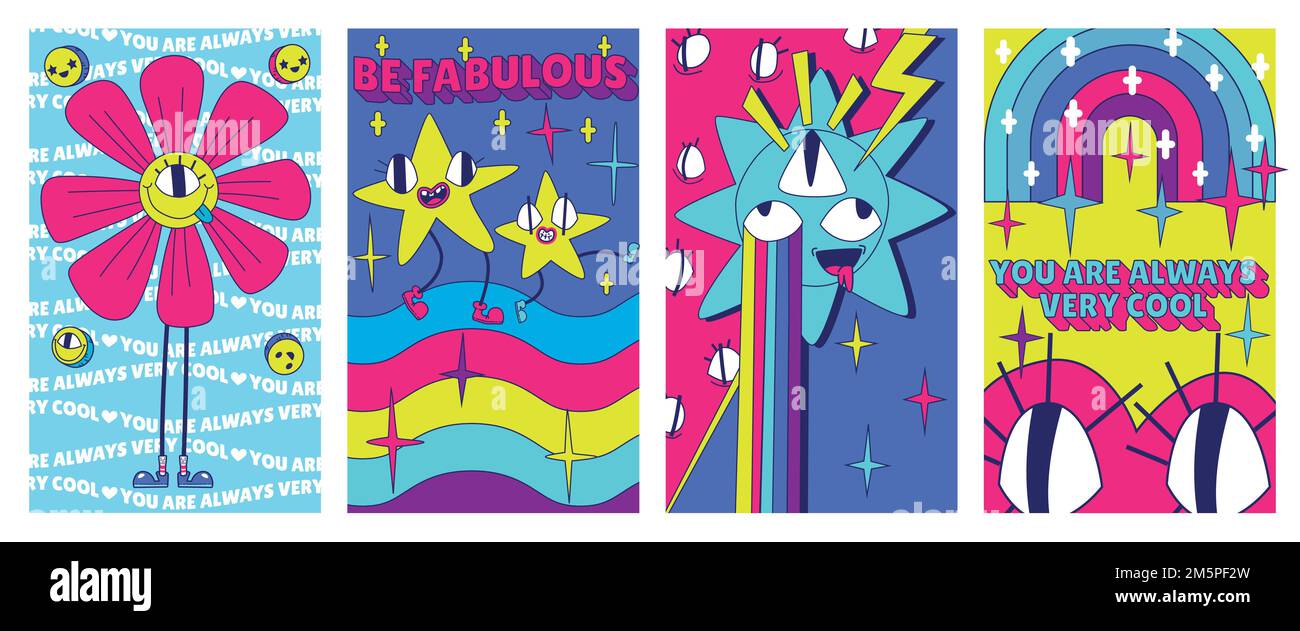 Y2k retro flyers with trippy characters flower and stars on rainbow ...