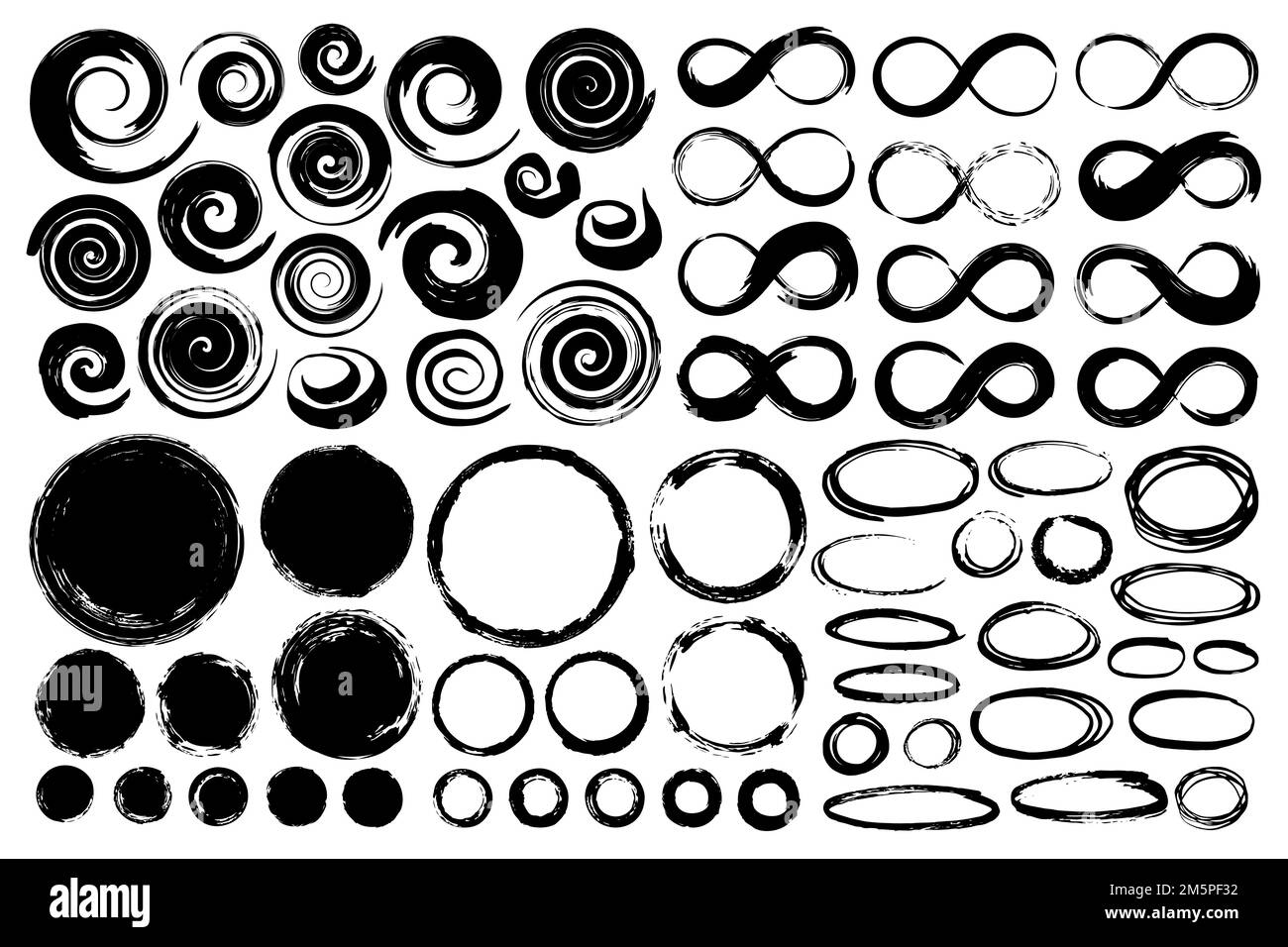 Set of hand painted ink circles, ovals, infinity symbols and spirals ...