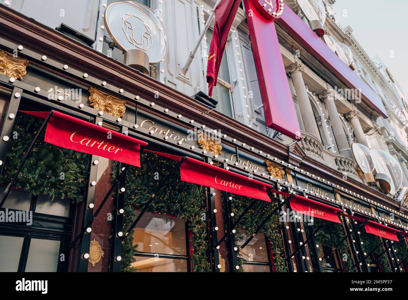 London, UK - December 26, 2022: Christmas decorations on the facade of ...