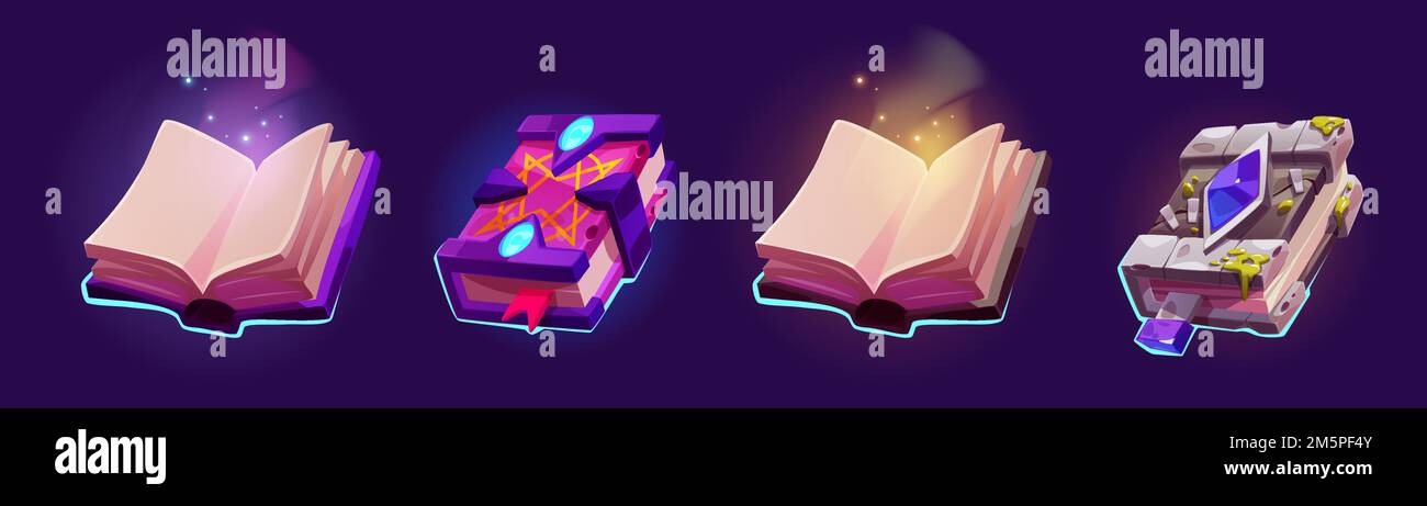 Open and closed magic books of spells with fantasy covers, bookmarks ...