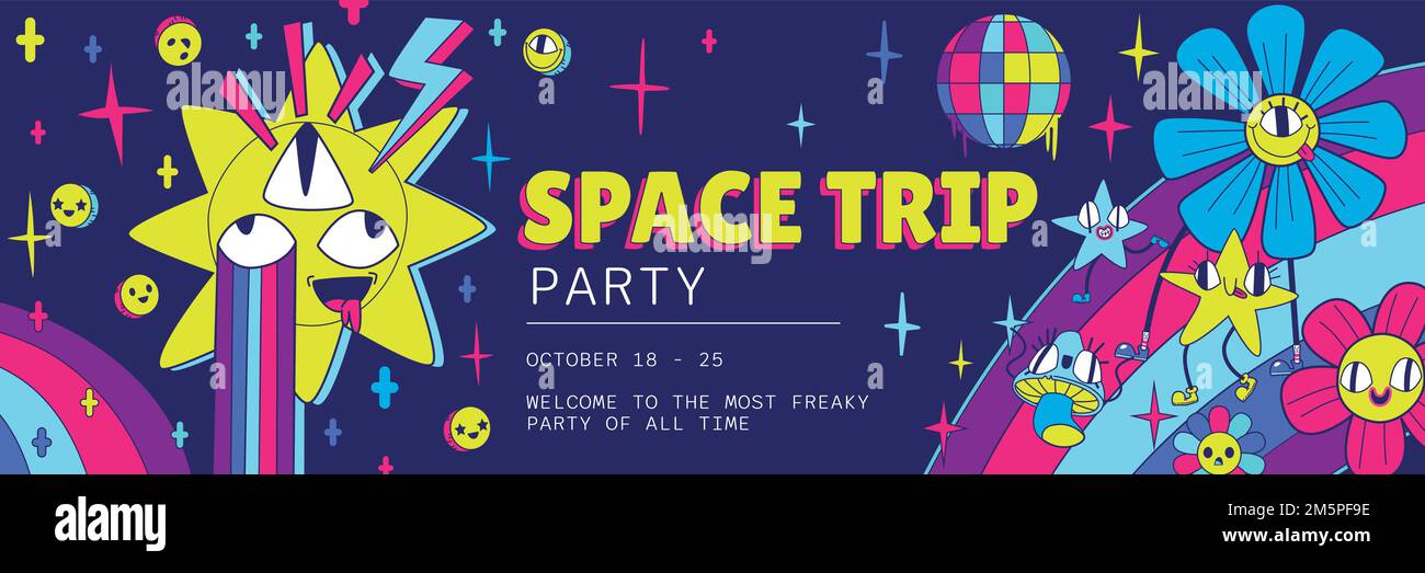 Space trip party invitation flyer in Y2k retro style with trippy ...