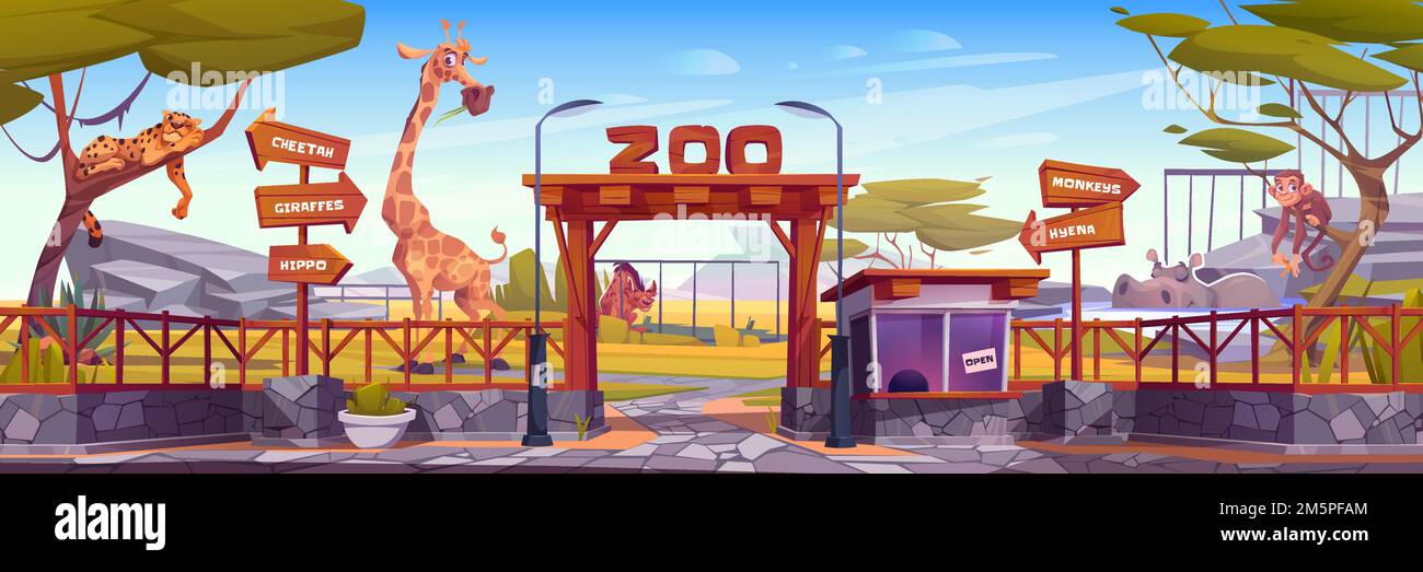 Cute african animals in Zoo. Zoology park entrance with wooden arch ...