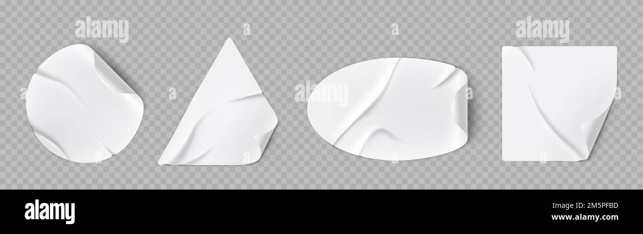 White stickers with curl corners and wrinkles. Peeling off sticky notes ...