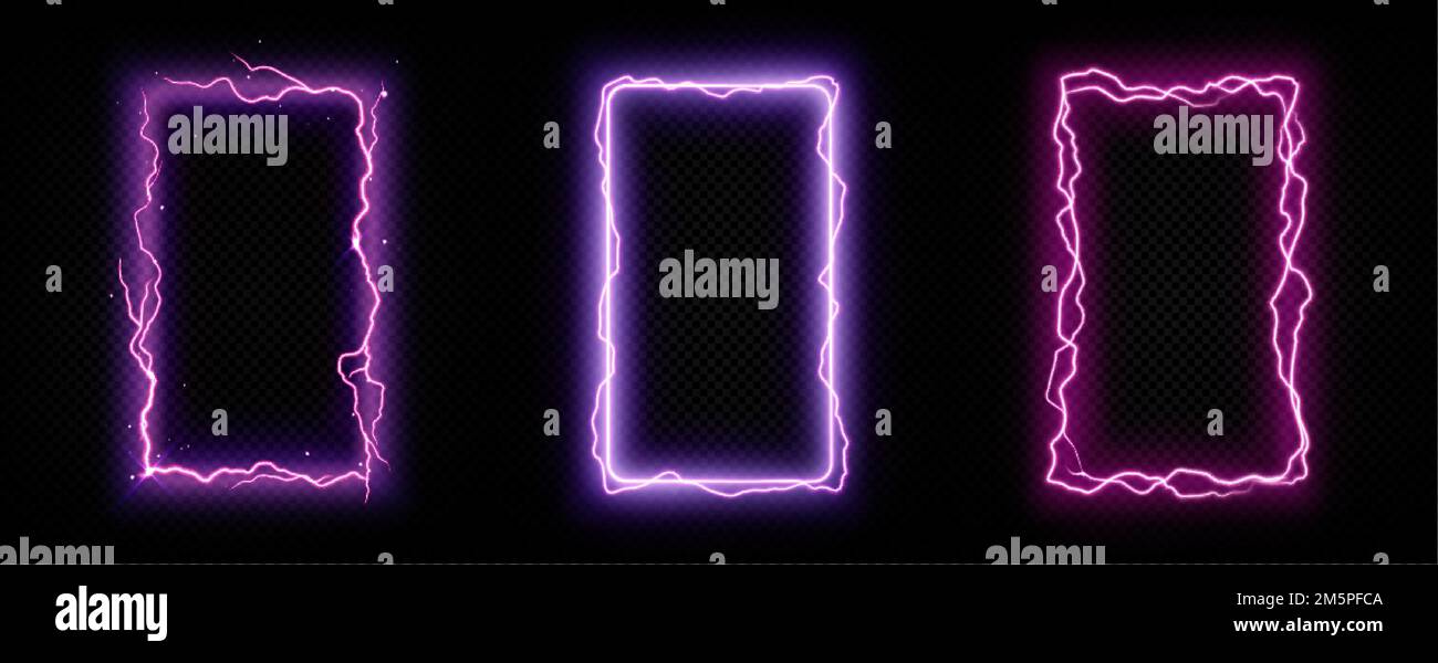 Rectangle frames with purple lightnings, electric energy strikes on border. Neon glowing banner ...