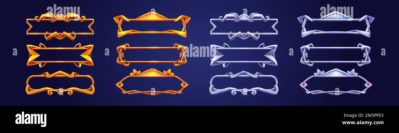 Empty rectangle frames for game banners and buttons. Silver and gold ...