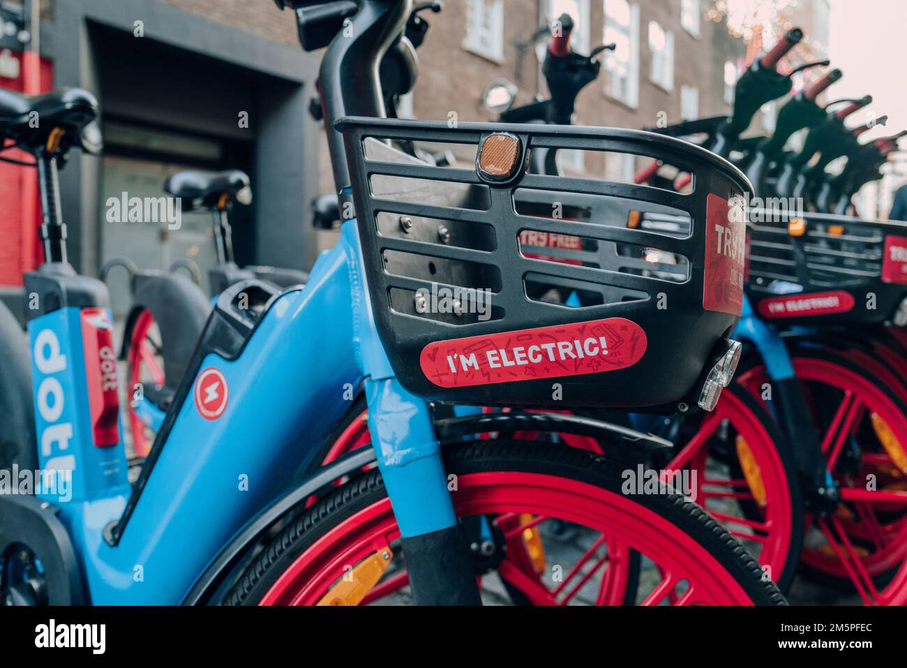 London, UK - December 26, 2022: Close up of I'm Electric sign on Dott ...
