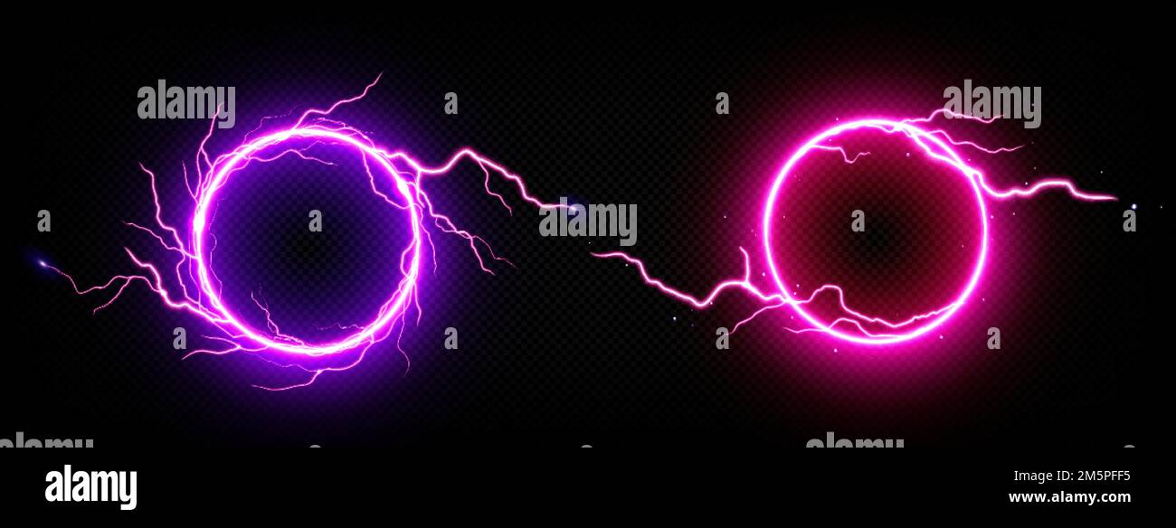 Round frames of electric lightning with sparks and neon glow. Pink and purple sparking discharge ...
