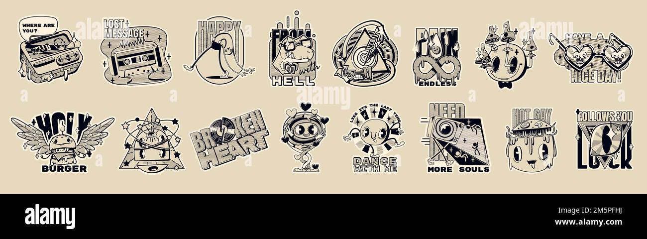 Retro psychedelic stickers, abstract comic patches and emoji in y2k ...