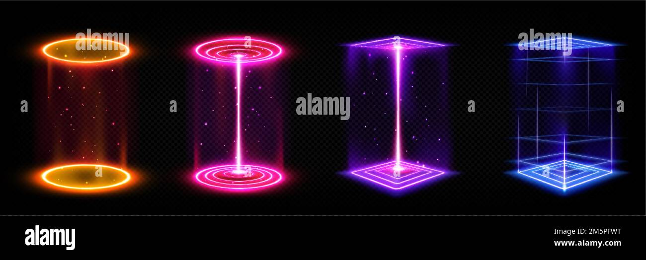Set of futuristic neon portals on transparent background. Realistic ...
