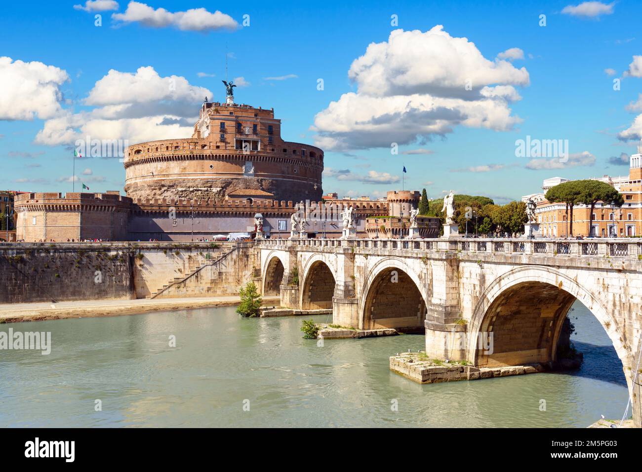 Castel Sant’Angelo and old bridge, Rome, Italy. View of medieval Castle Sant’Angelo, sky and ...