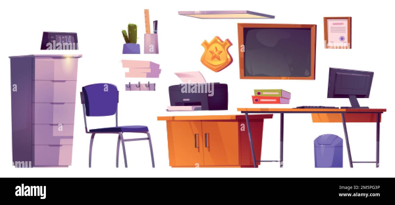 Police station office inside with desk, computer, chair, file cabinet ...