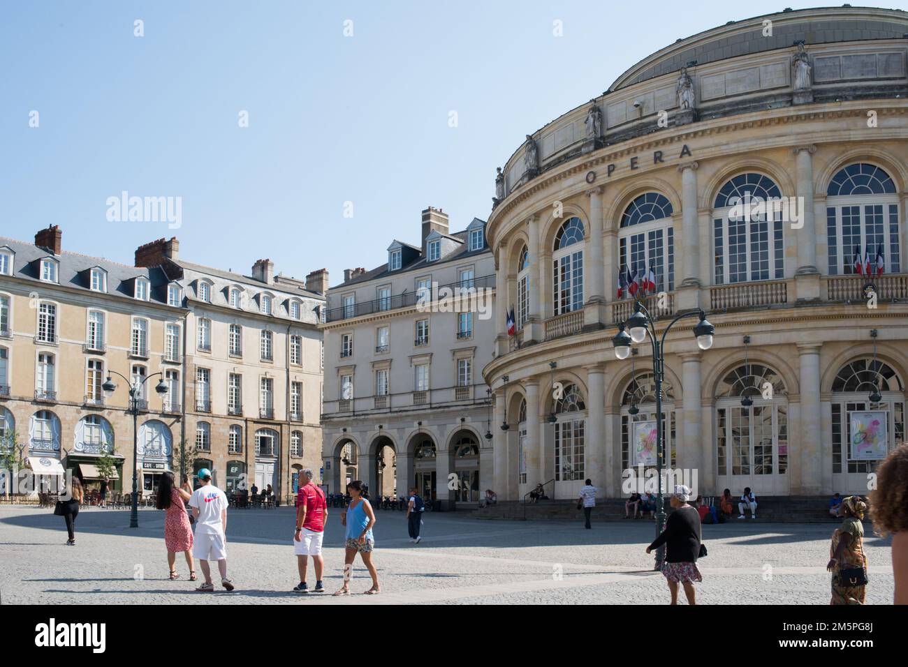 The city life of Rennes, people walking around the Rennes Opera house ...
