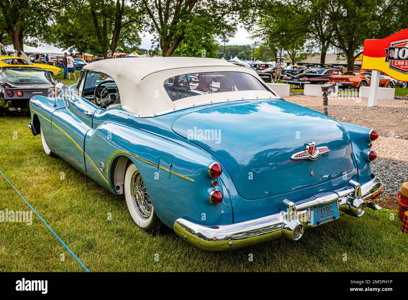 Iola, WI - July 07, 2022: High perspective rear corner view of a 1953 ...