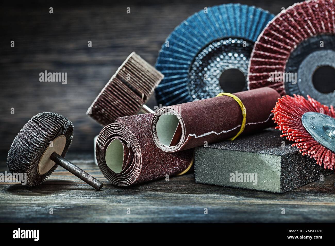big set of abrasive tools on vintage wood Stock Photo - Alamy