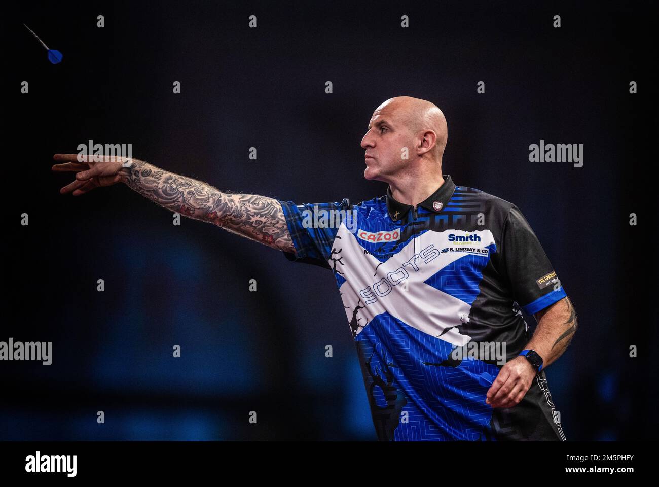 Alan Soutar in action during day thirteen of the Cazoo World Darts ...