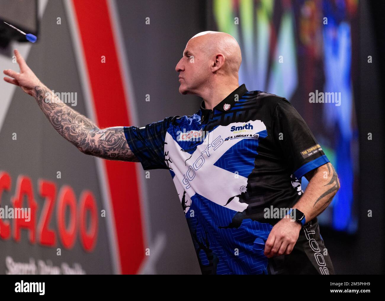 Alan Soutar in action during day thirteen of the Cazoo World Darts ...
