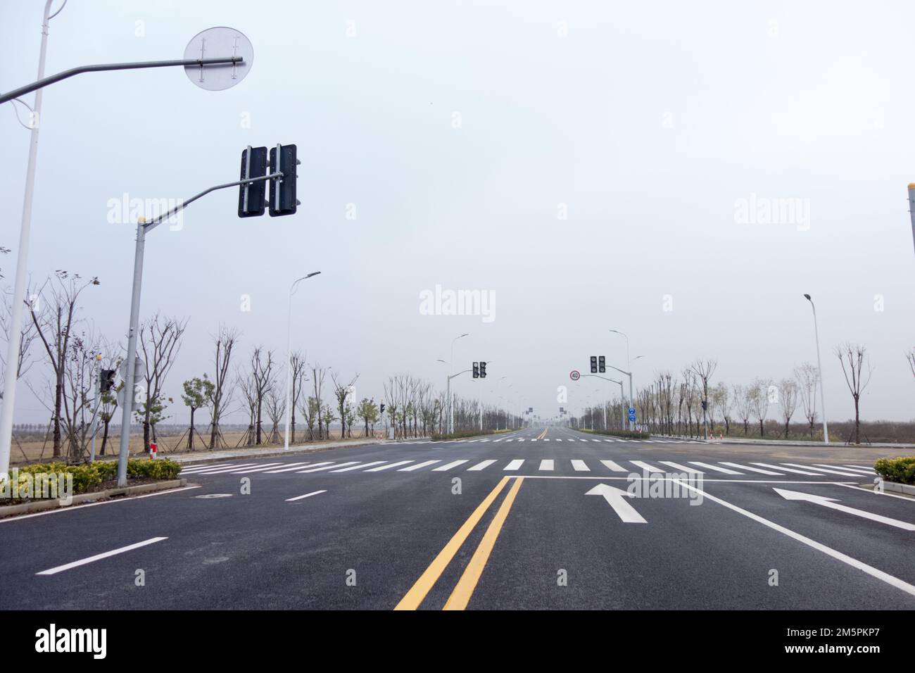 The empty road with traffic lights and crosswalks against the ...