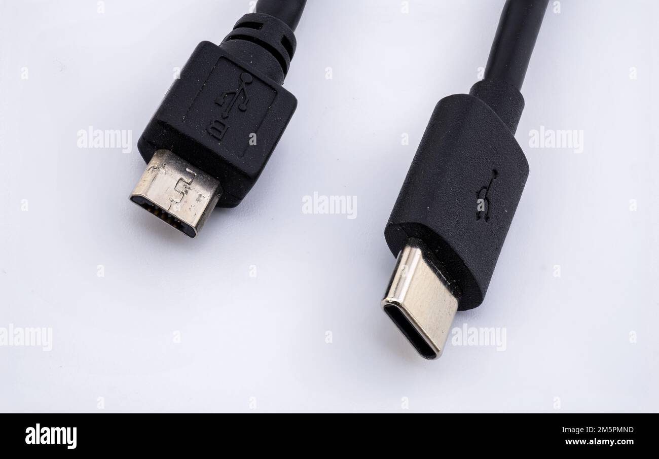 The old and new connections of USB connector cables isolated on a white ...