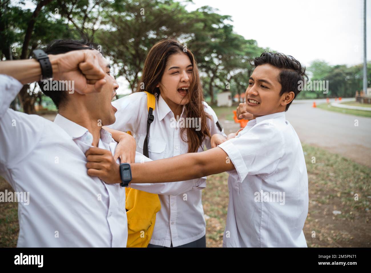 Two male students in uniform fighting separated by a girl Stock Photo ...