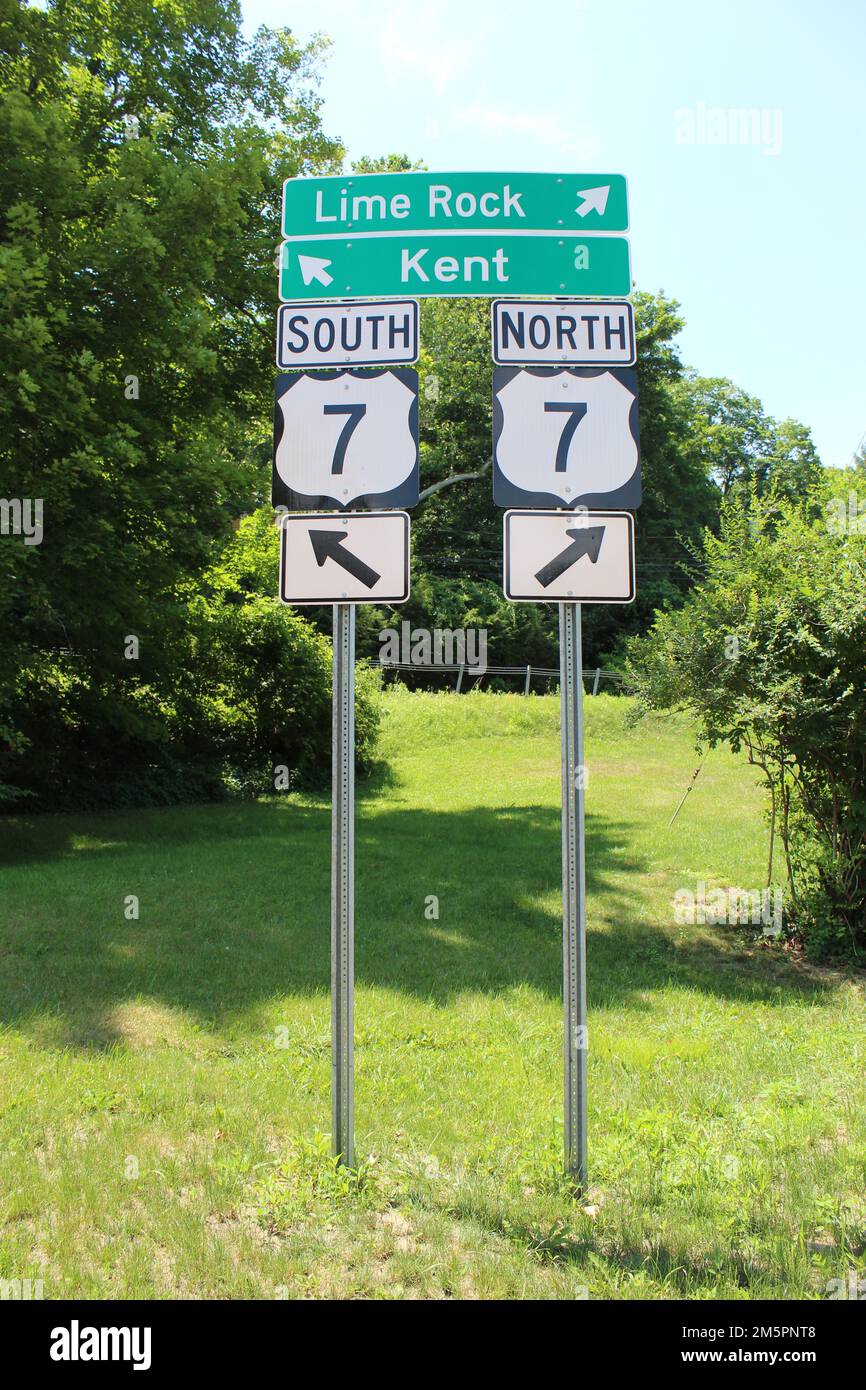 US Route 7 directional signs for Kent and Lime Rock, Connecticut Stock ...