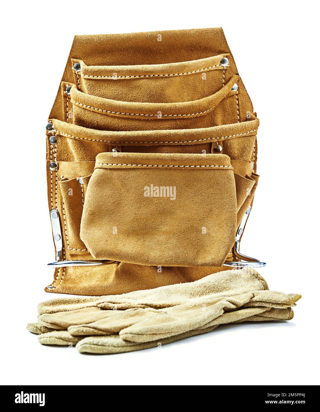 empty lether tool belt and gloves isolated white Stock Photo - Alamy