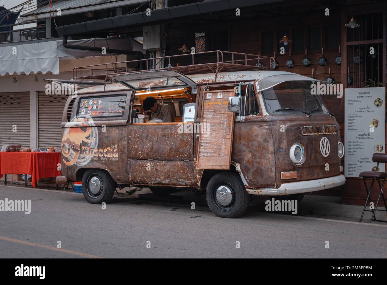 Pai, Thailand. November 19, 2022. Khaotha cafe van on the street of Pai ...