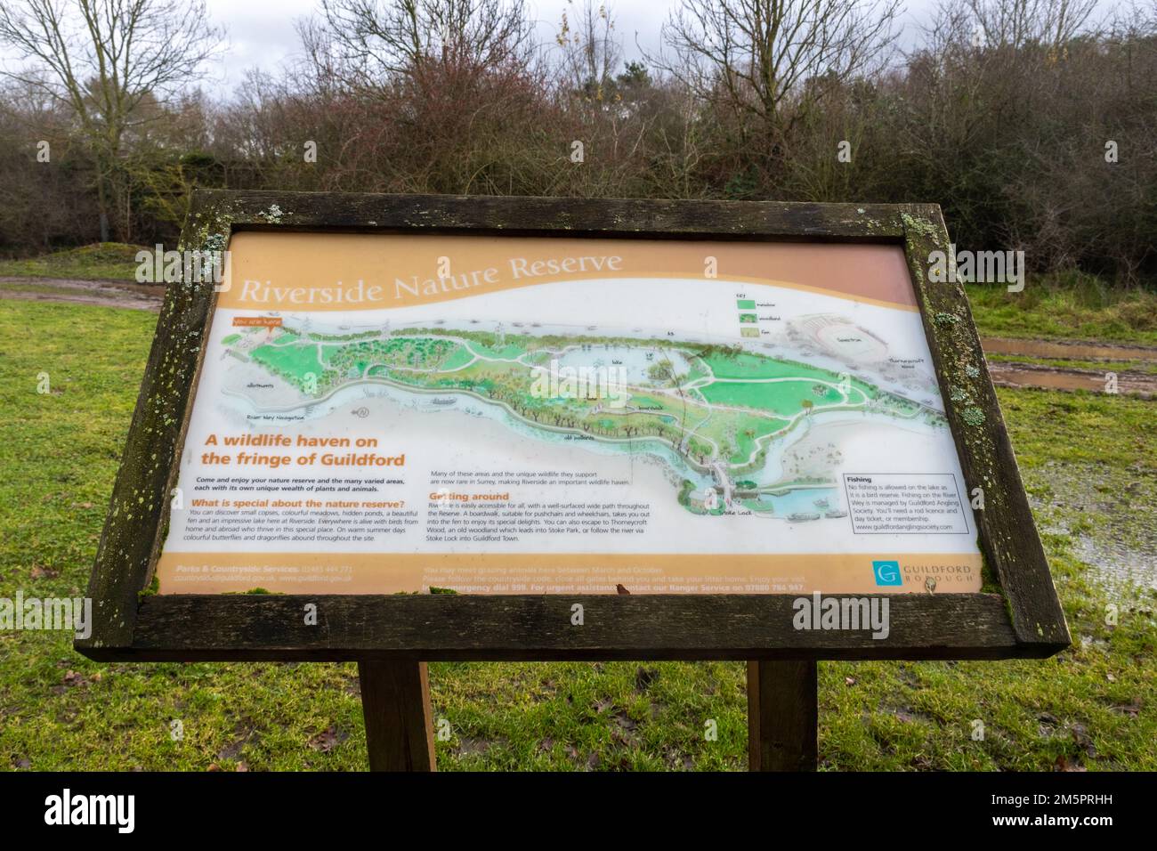 Information panel at Riverside Nature Reserve near Guildford, Surrey ...