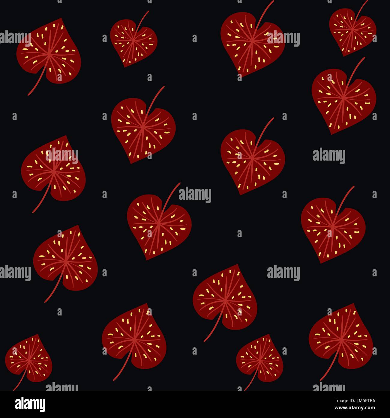 A seamless pattern of evenly distributed red cordate leaves ...