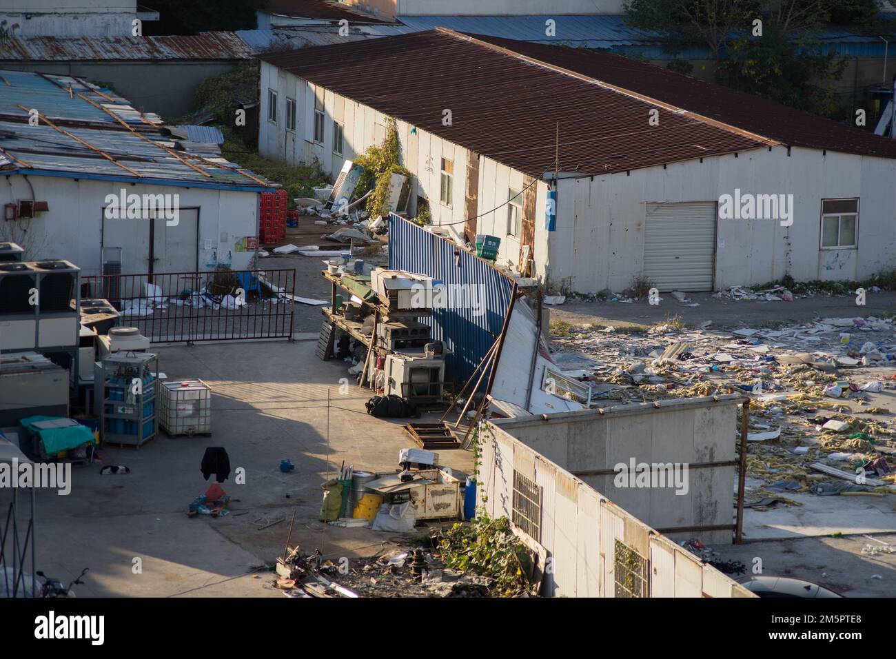 A high-angle shot of the street with old buildings surrounded by ...