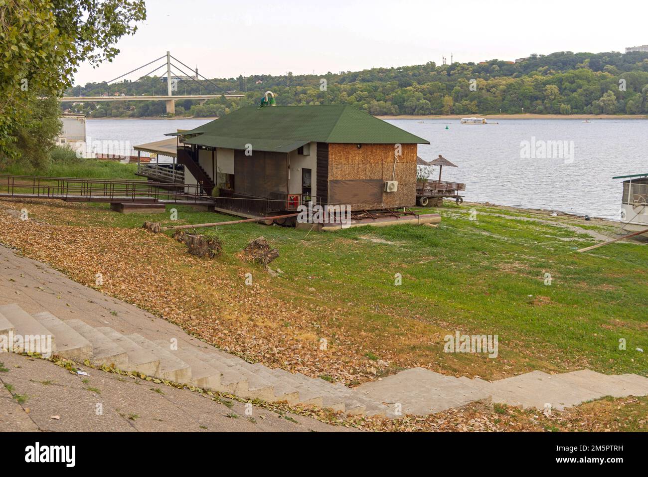 Floating Pontoon Cafe Restaurant at River Danube Low Tide Summer ...