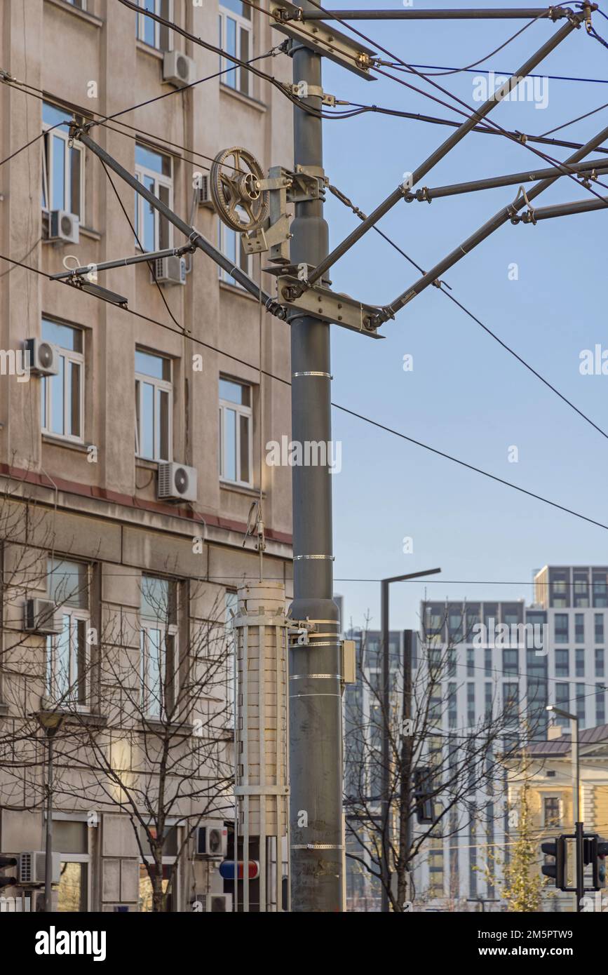 Tram Overhead Power Line Tensioning System at Pole in City Stock Photo ...