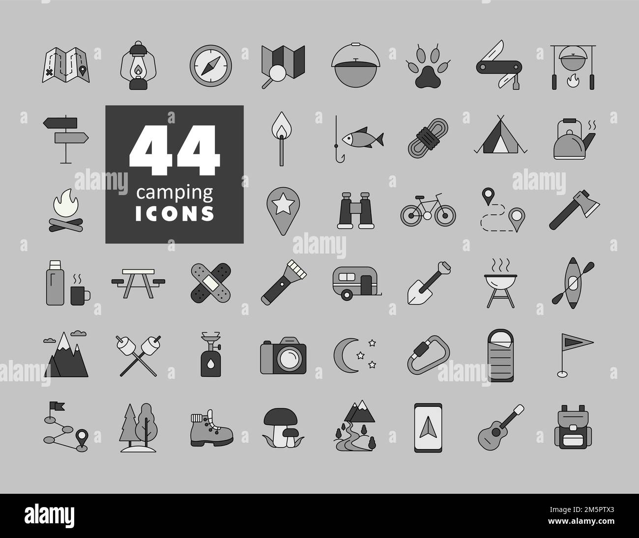 Camping, Hiking, Nature and Outdoor Activities grayscale icons set ...