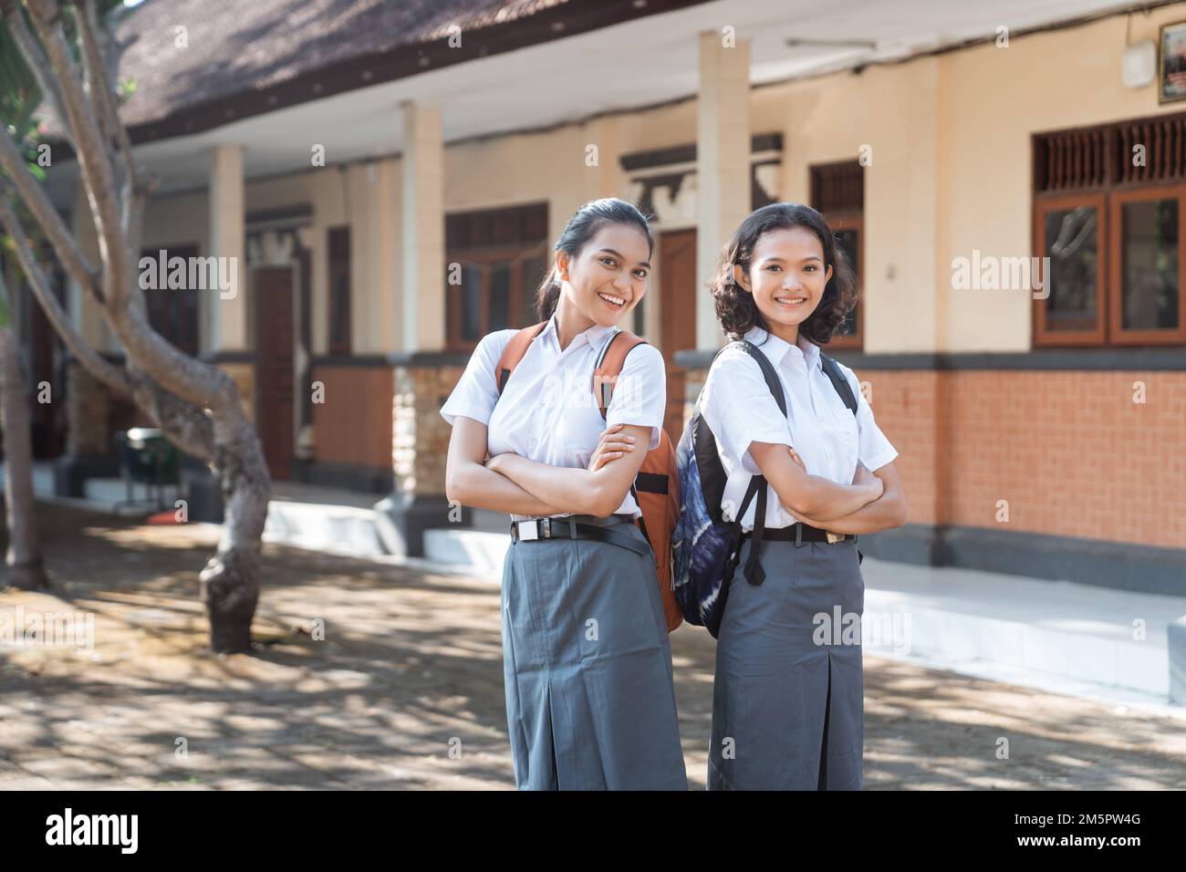 Two high school teenagers standing with crossed arms Stock Photo - Alamy