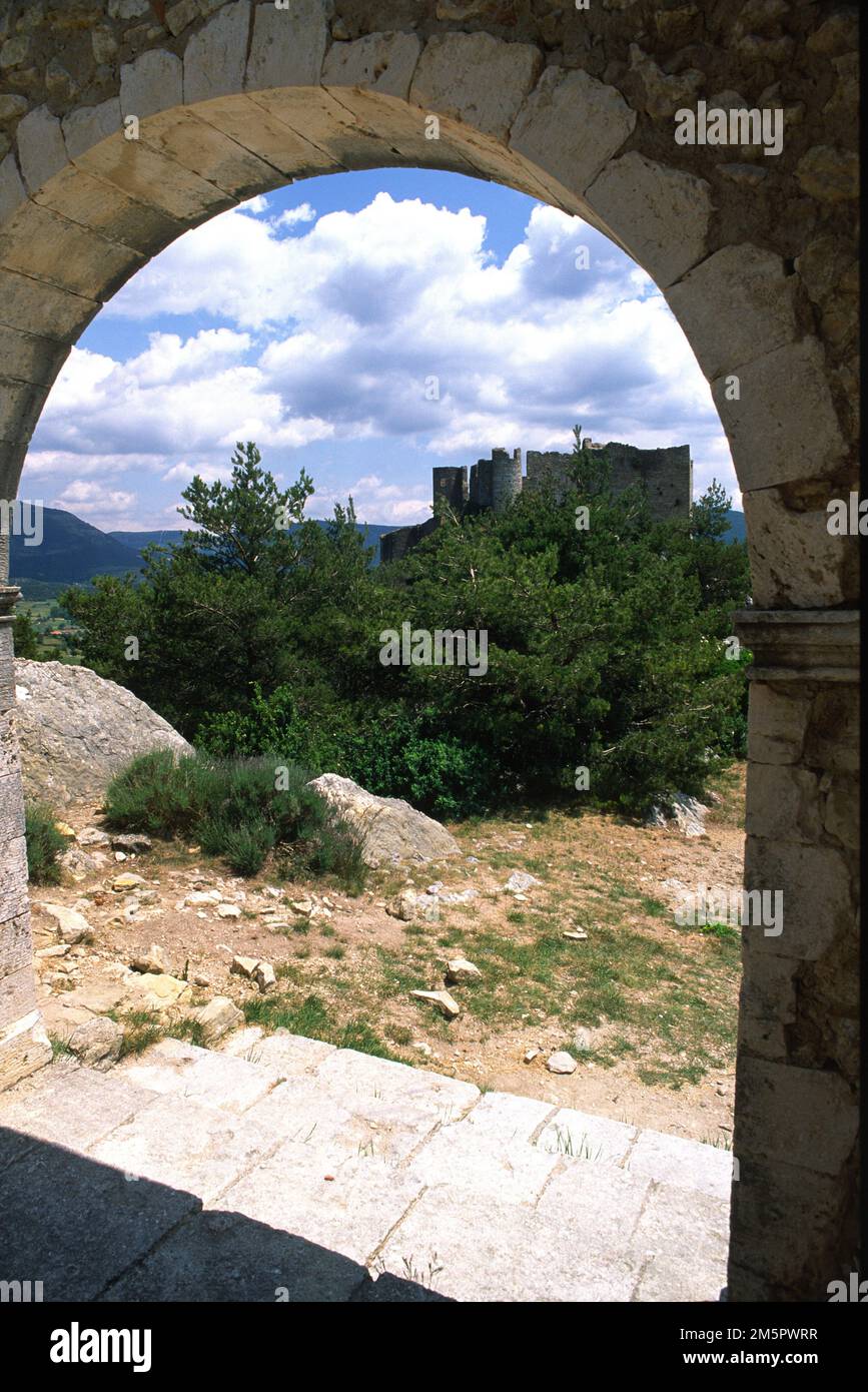 Ruins of the castle of the old typical perched village of Bargème, the ...
