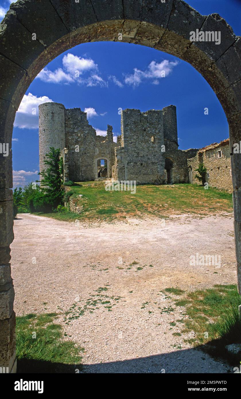 Ruins of the castle of the old typical perched village of Bargème, the ...