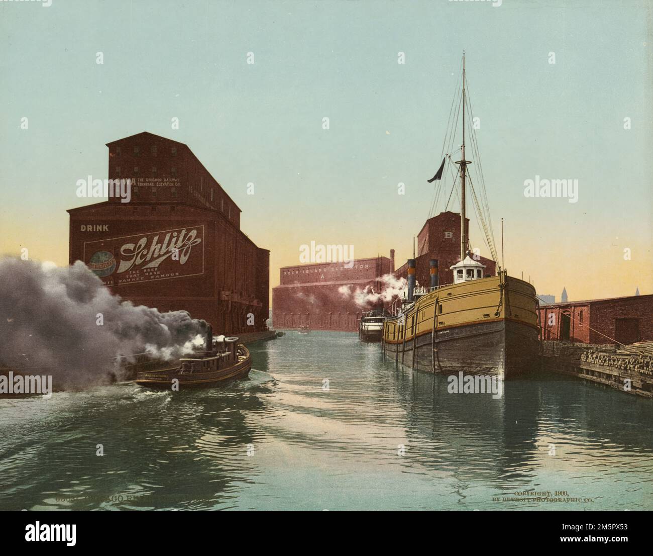 Chicago River elevators, c 1900, Cargo ships, Schlitz advertising ...